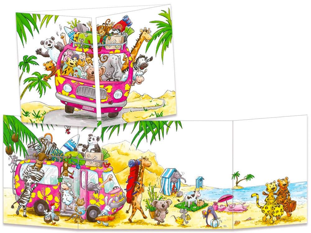 uitklapbare wenskaart cache-cache - bus met dieren|Muller wenskaarten ...